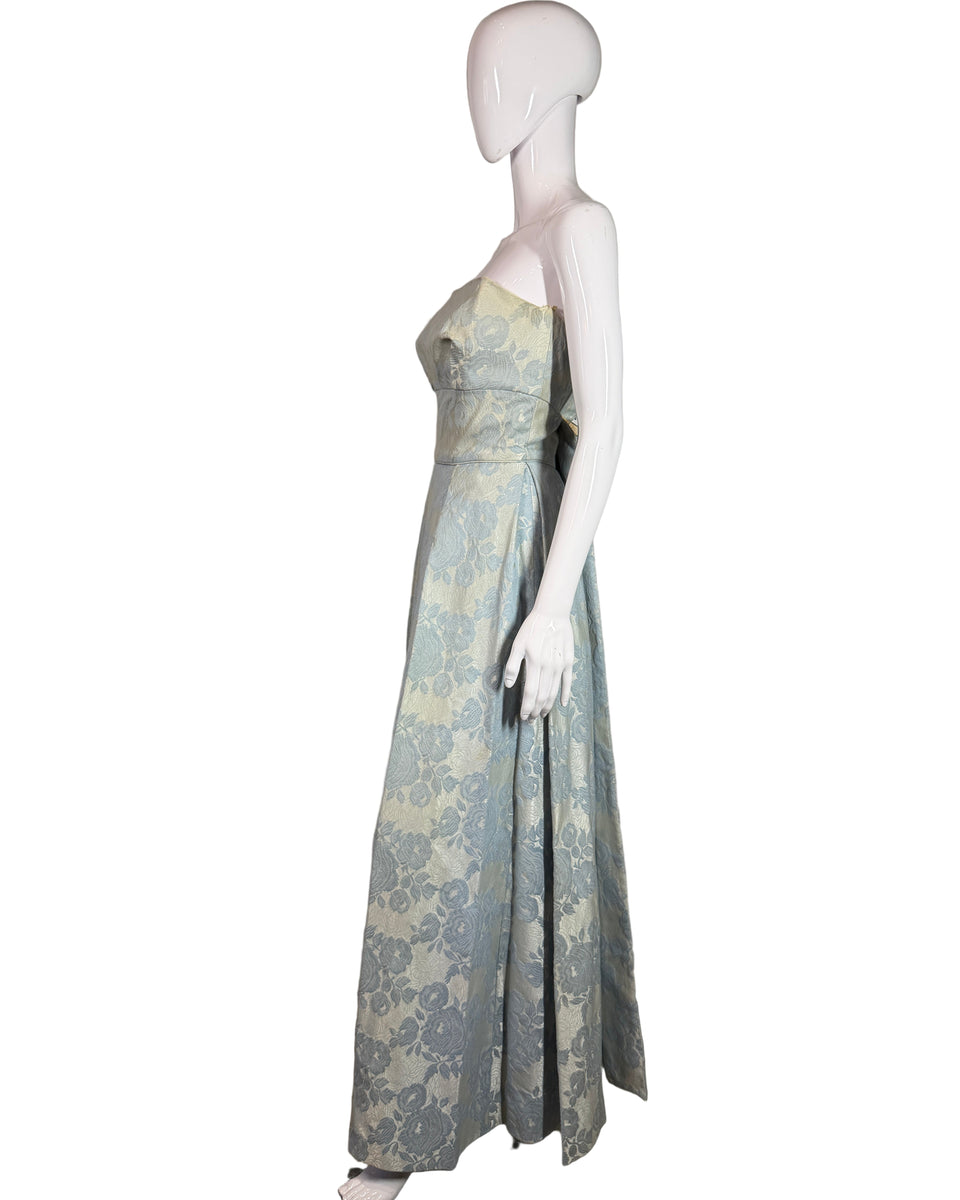1960's Ice Blue Floral Brocade Strapless Gown - Size S – Antique Sugar